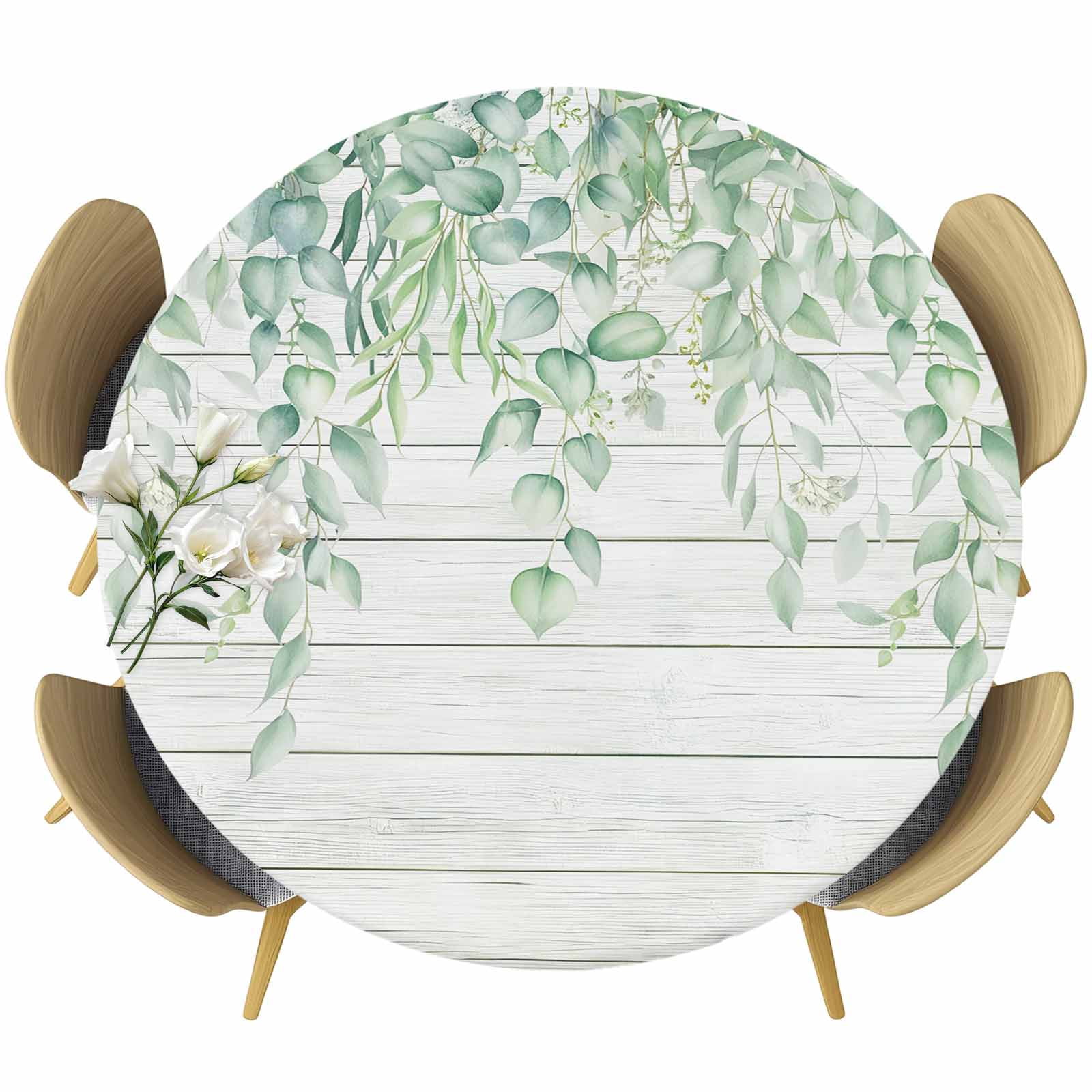 Eucalyptus Leaves Round Tablecloth, Fitted Table Cover with Elastic for ...