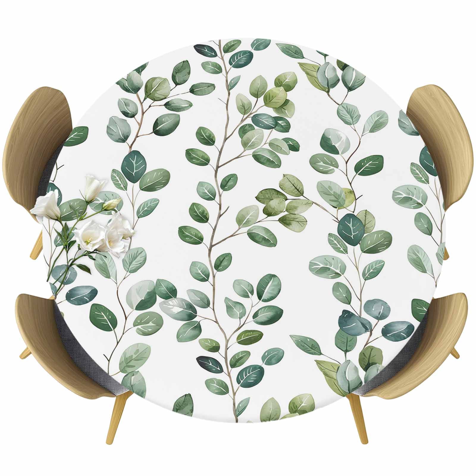 Eucalyptus Leaves Round Tablecloth, Fitted Table Cover with Elastic for ...