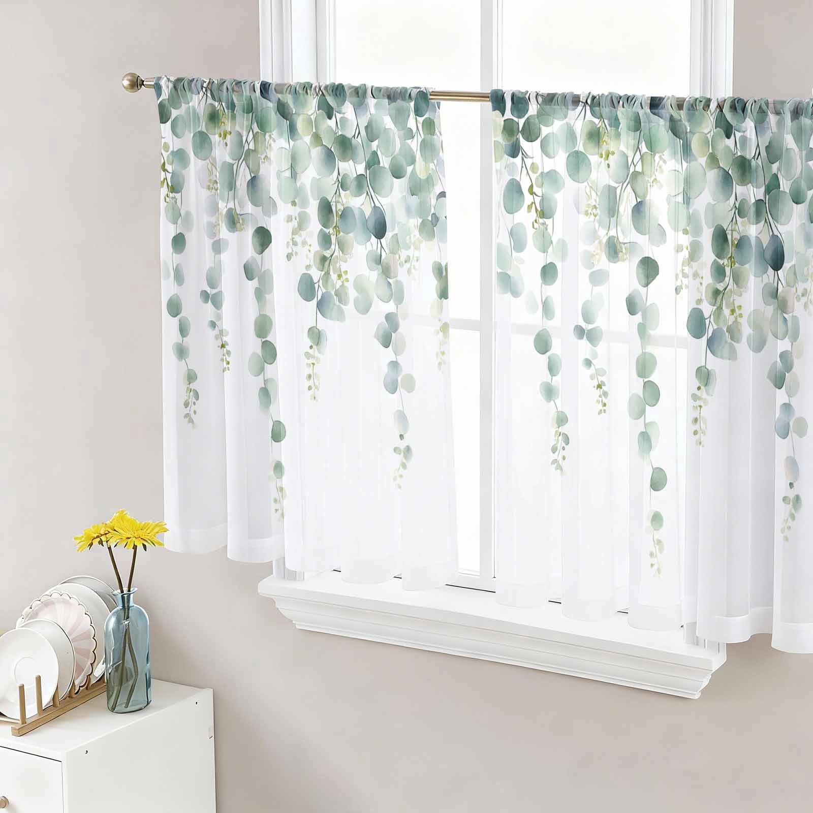 Eucalyptus Leaves Semi Sheer Curtains 45 Inch Length 2 Panels Set ...