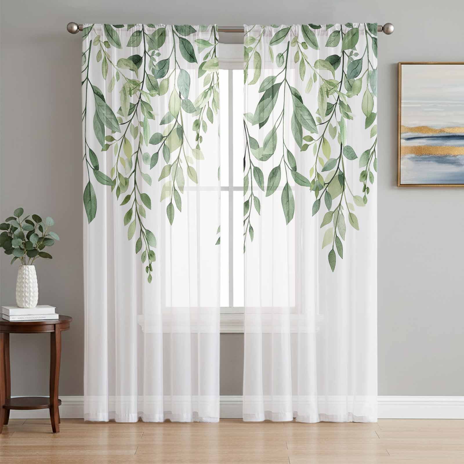 Eucalyptus Leaves Semi Sheer Curtains 63 Inch Length 2 Panels Set, Sage ...
