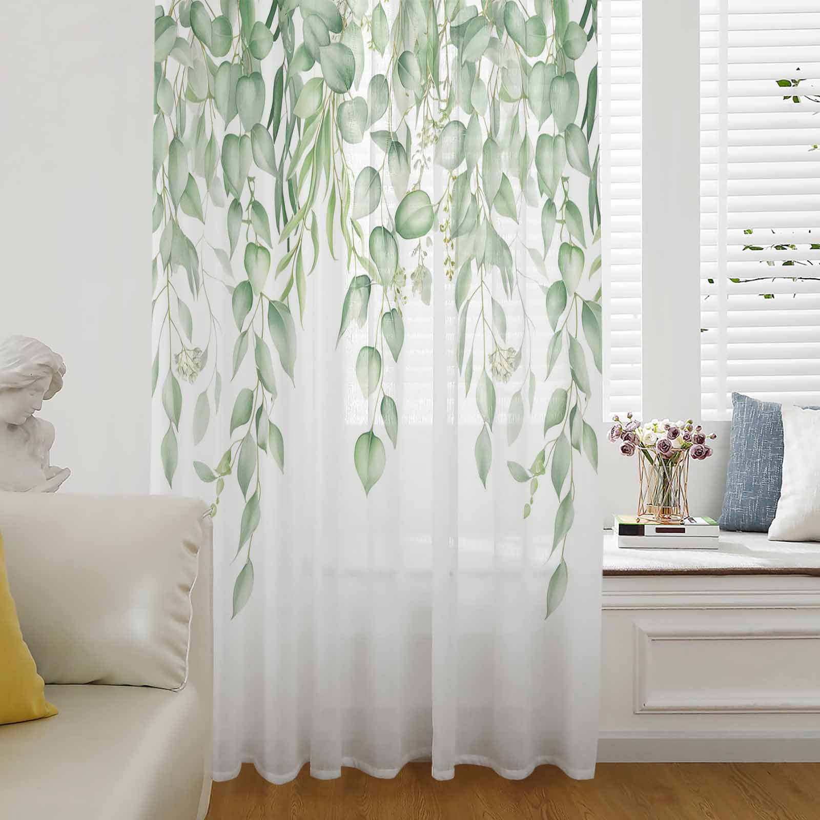 Eucalyptus Leaves Semi Sheer Curtains Drapes for Living Room, Bedroom ...