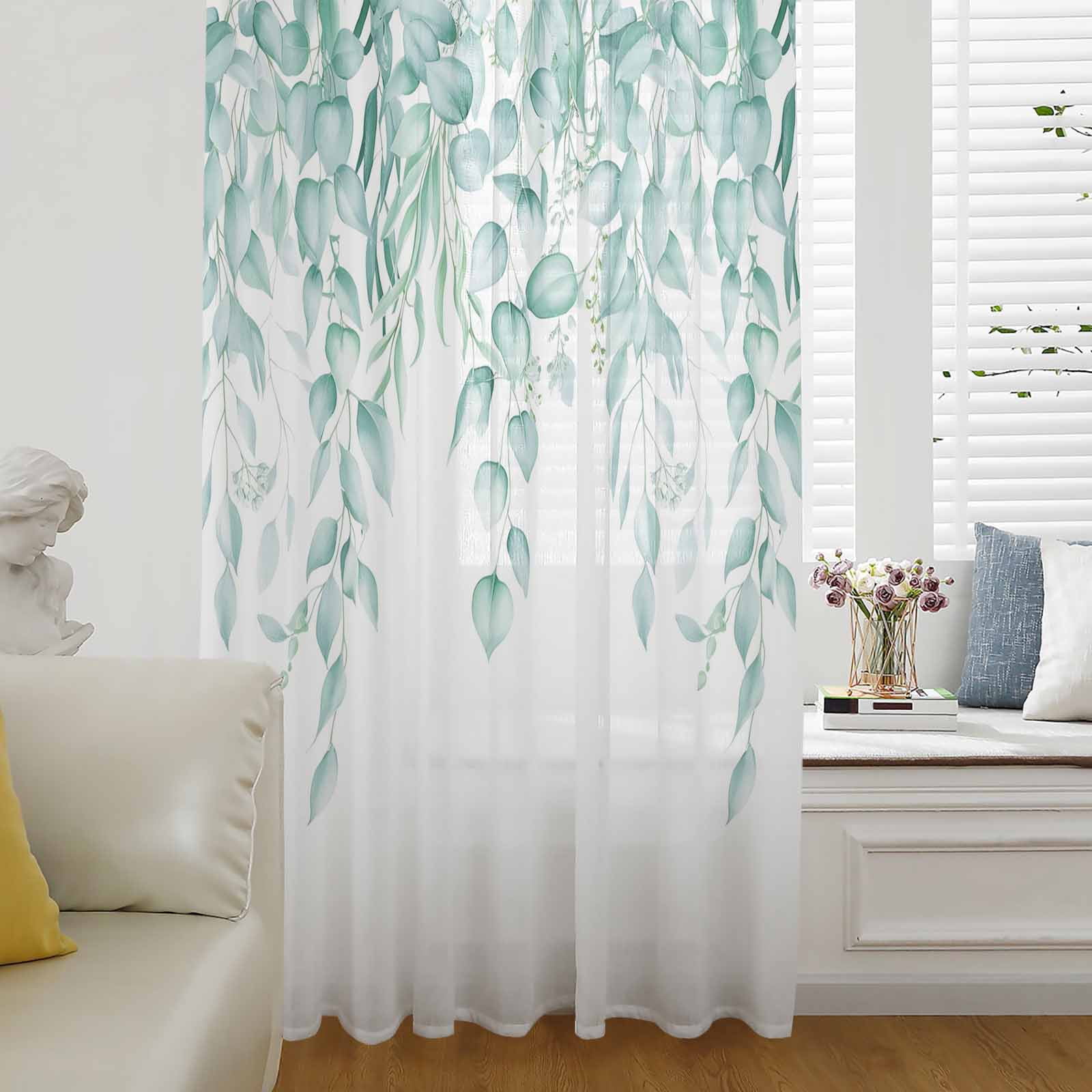 Eucalyptus Leaves Semi Sheer Curtains Drapes for Living Room, Bedroom ...