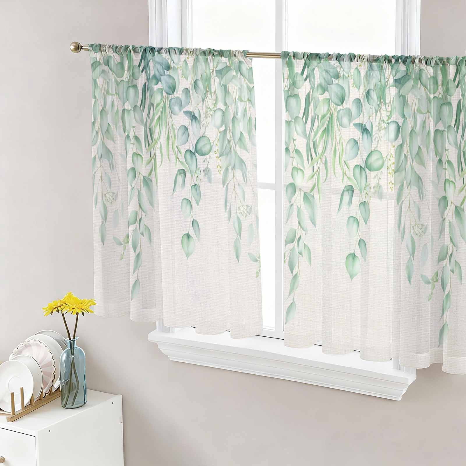 Eucalyptus Leaves Sheer Curtains 45 Inch Length 2 Panels Set Window ...
