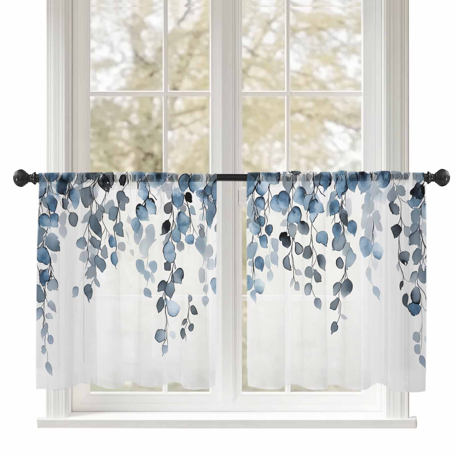 Eucalyptus Leaves Sheer Curtains 45 inches Long 2 Panels Set Watercolor ...