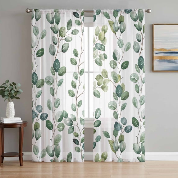Eucalyptus Leaves Sheer Curtains 84 Inch Length 2 Panels Set, Green ...