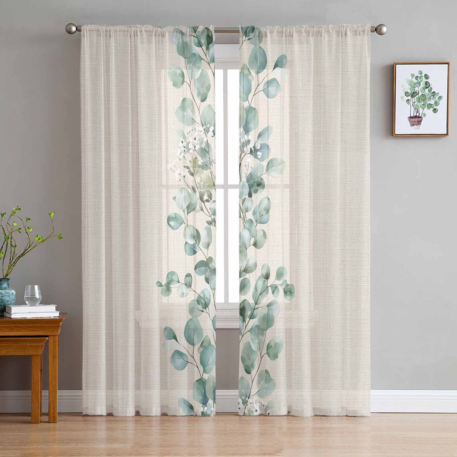 Eucalyptus Leaves Sheer Curtains 84 Inches Long 2 Panels Set, Window ...