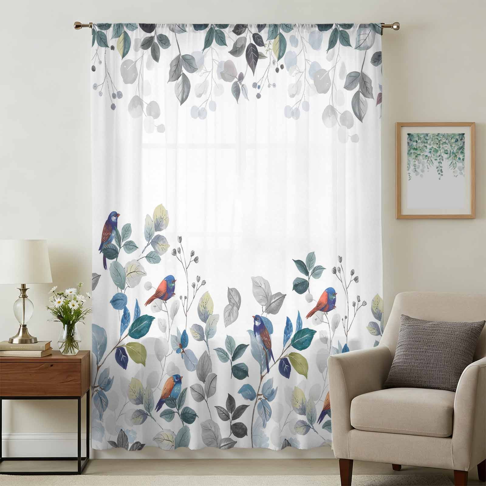 Eucalyptus Leaves Sheer Curtains 84 Inches Long, Botanical Floral ...