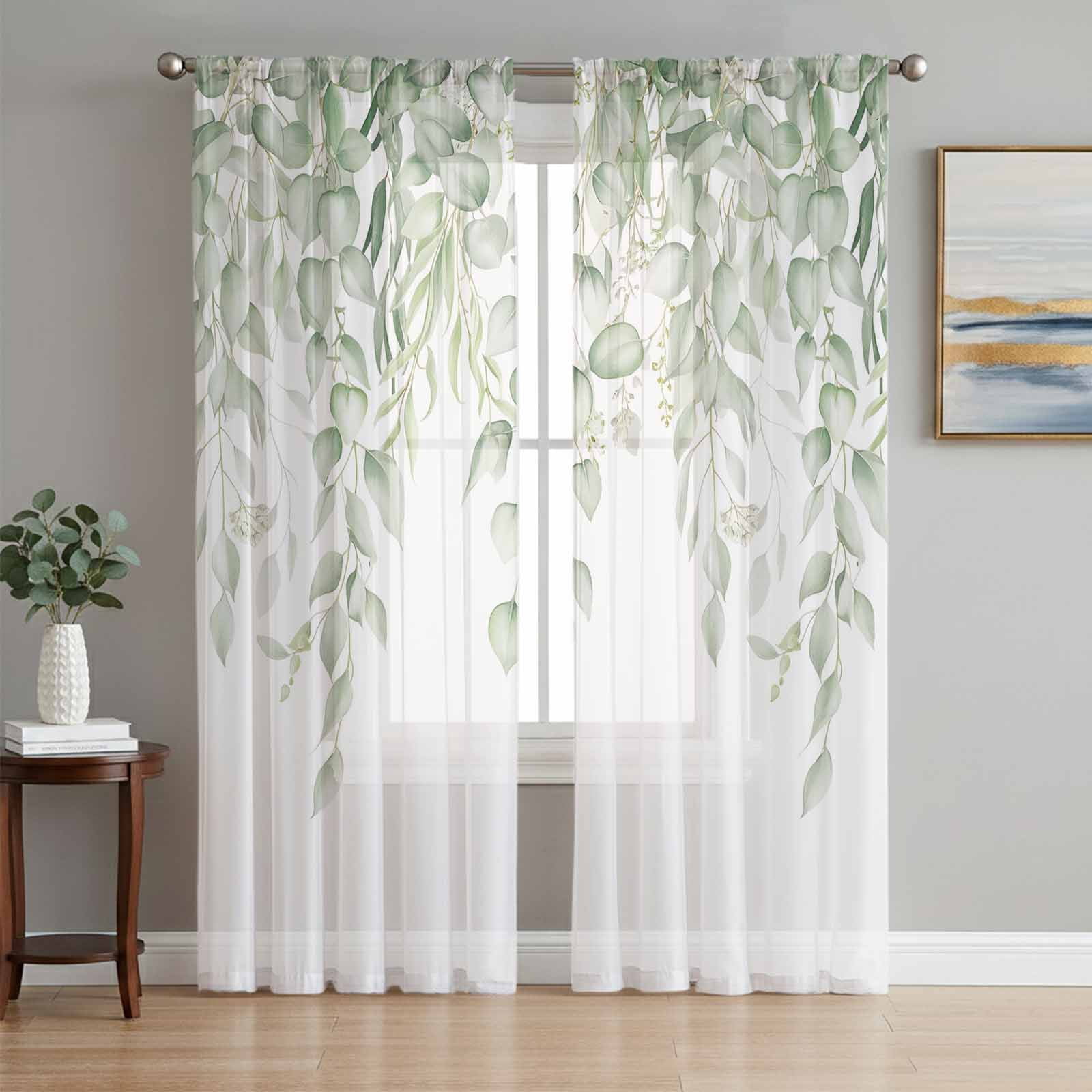 Eucalyptus Leaves Sheer Curtains 96 Inch Length 2 Panels for Living ...