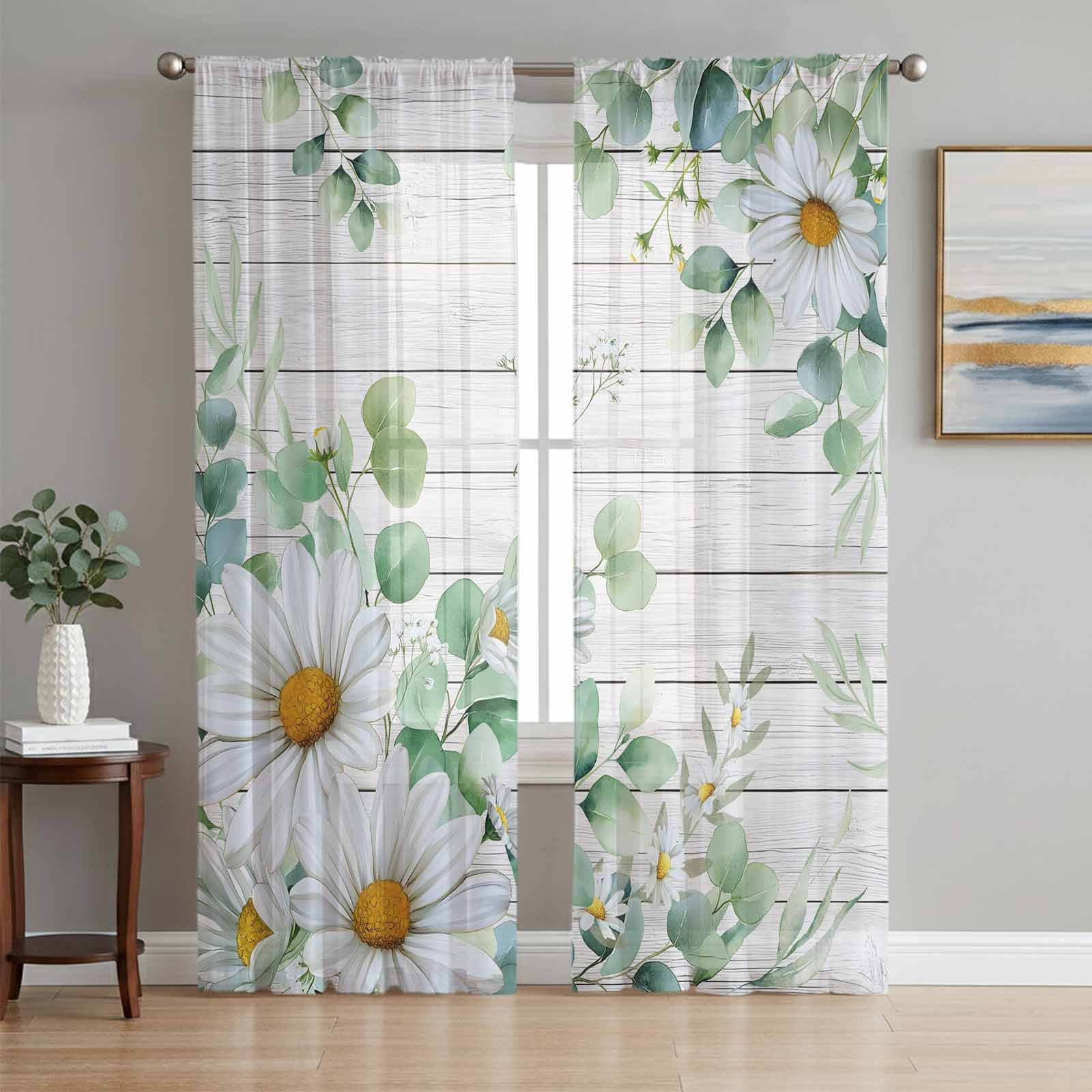 Eucalyptus Leaves Sheer Curtains 96 Inch Length 2 Panels Set, Daisy ...