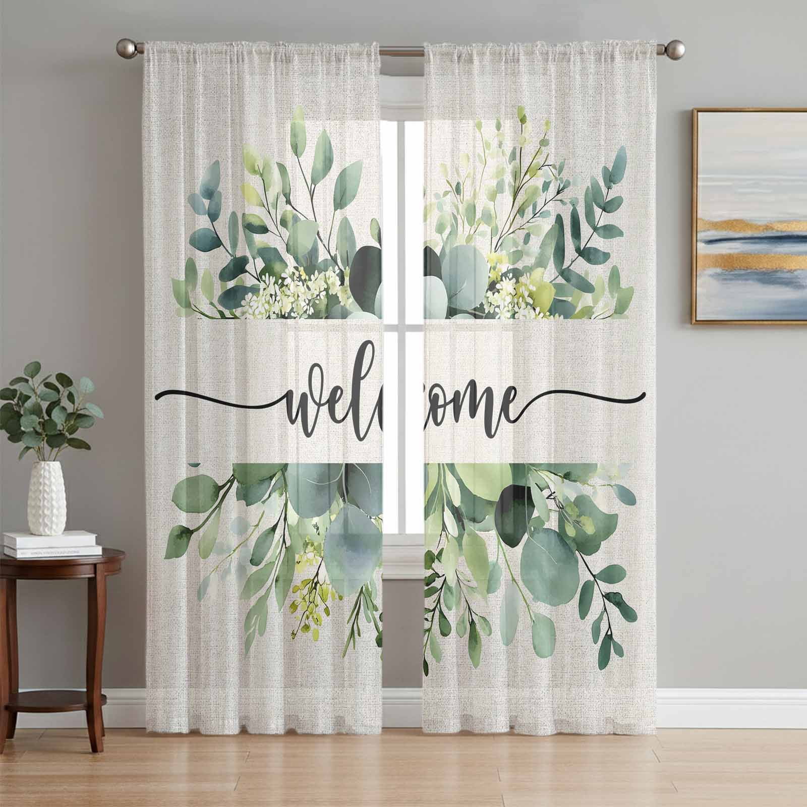Eucalyptus Leaves Sheer Curtains 96 Inch Length 2 Panels Set, Farm ...