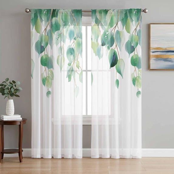 Eucalyptus Leaves Sheer Curtains 96 Inch Length 2 Panels Set, Summer ...