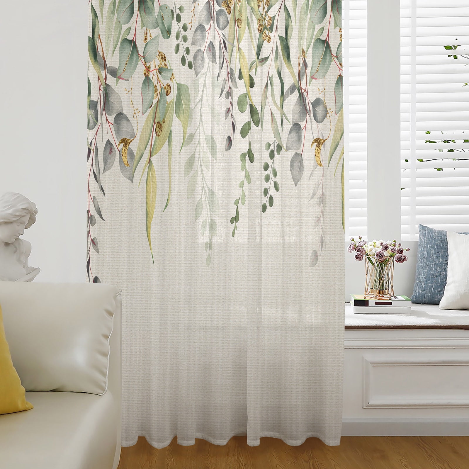 Eucalyptus Leaves Sheer Curtains 96 Inch Length, Light Filtering Voile ...