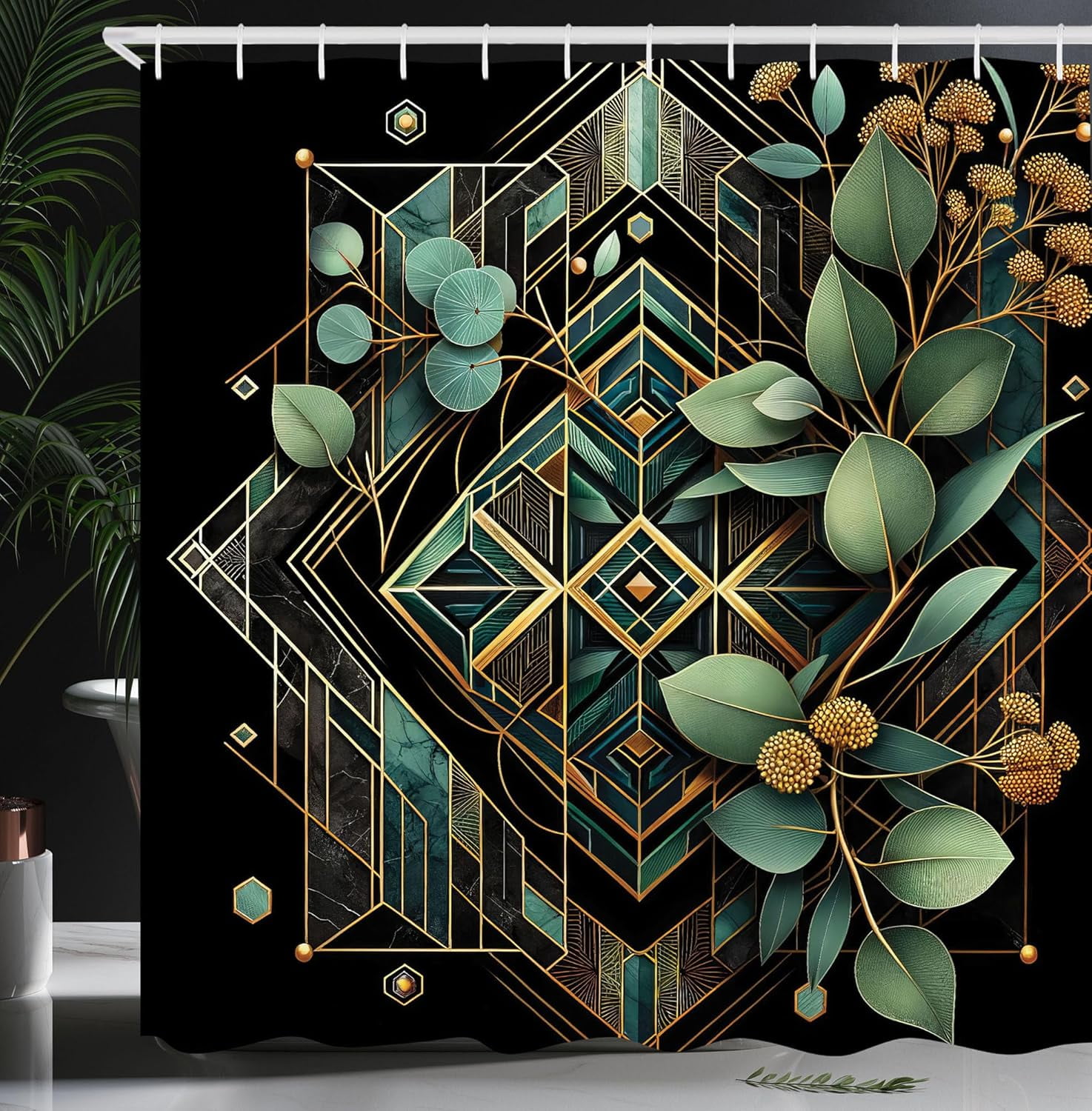 Eucalyptus Leaves Shower Curtain, Art Deco Inspired Geometric Rhombus Ornament Botanical Look ...