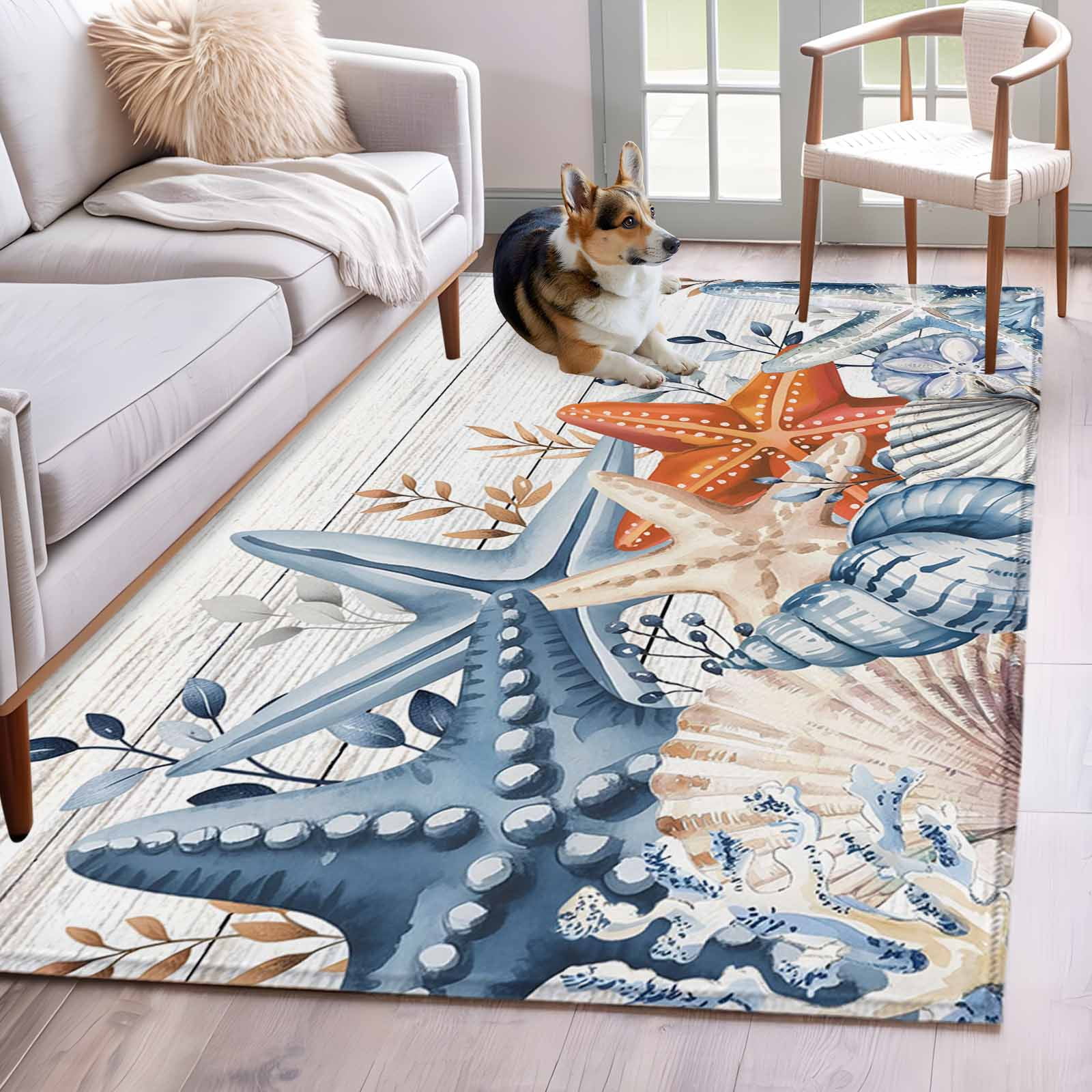 Eucalyptus Leaves Starfish Area Rugs 3x5 ft Shells Summer Ocean Wood ...