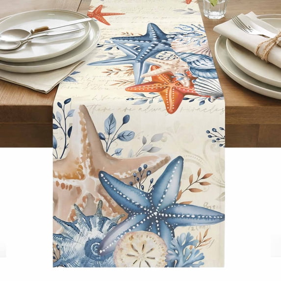 Eucalyptus Leaves Starfish Cotton Linen Table Runner Shells Plants ...