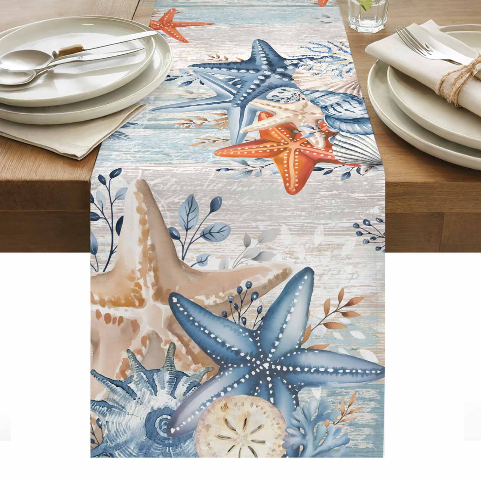 Eucalyptus Leaves Starfish Cotton Linen Table Runner Shells Summer ...