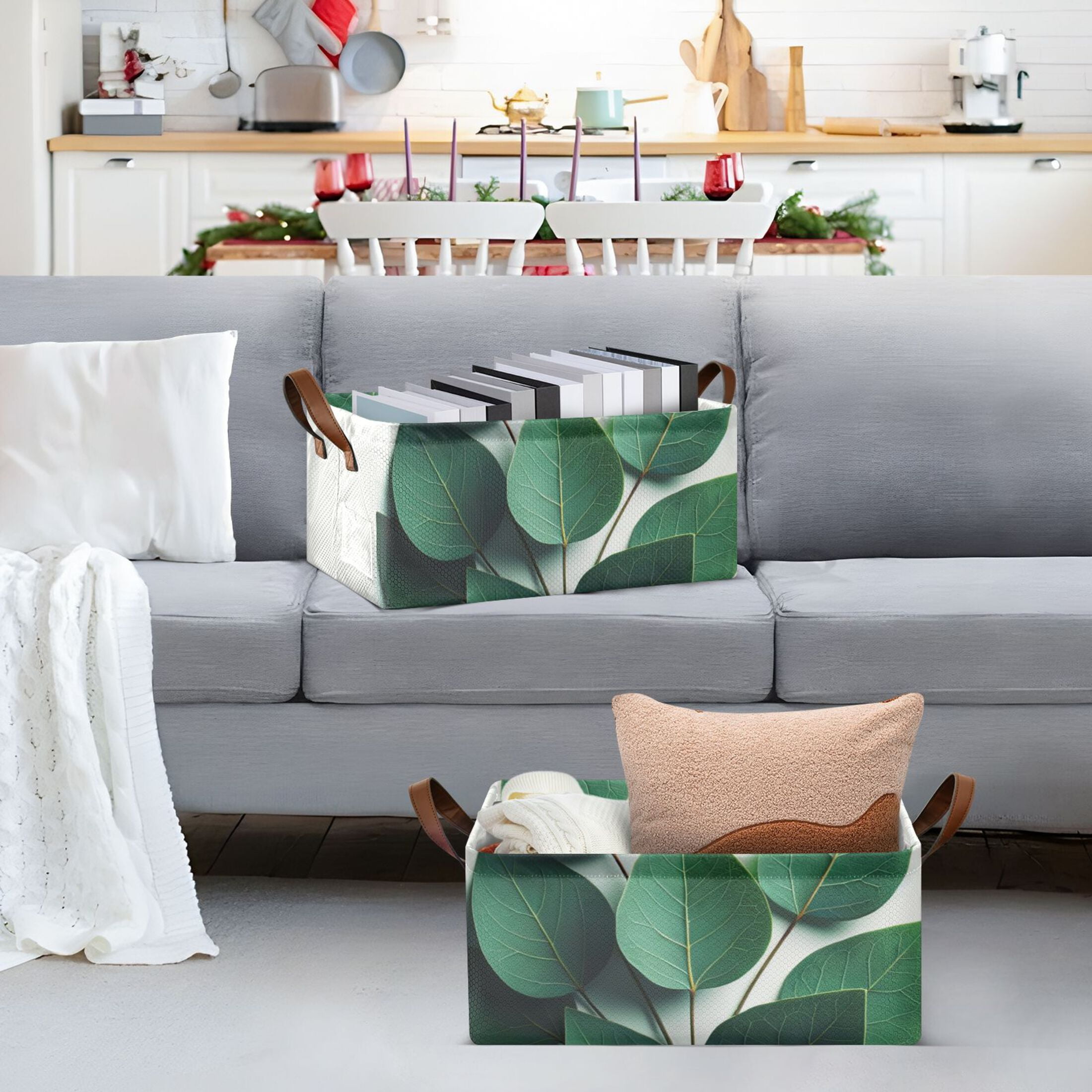 Eucalyptus Leaves Storage Bins with Handles Foldable Storage Baskets ...