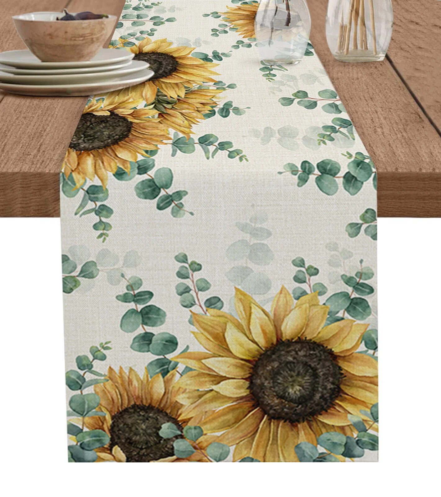 Eucalyptus Leaves Sunflower Flowers Linen Table Runner Kitchen Table ...