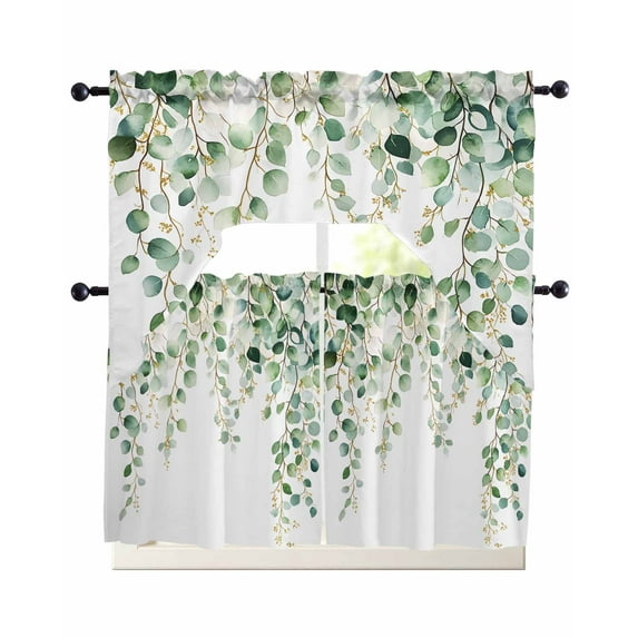 Eucalyptus Leaves Swag Valance and Tier Curtains Set Watercolor Green ...