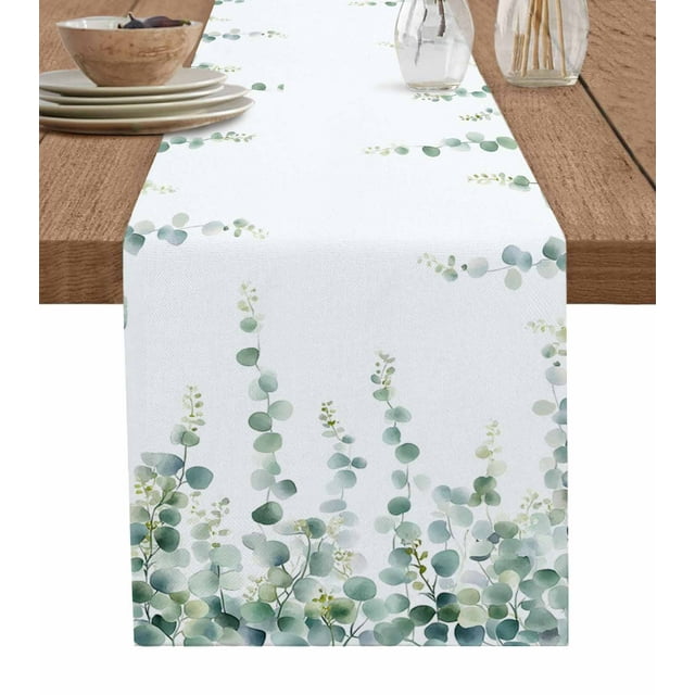 Eucalyptus Leaves Table Runner 60 Inches, Pastoral Rustic Botanical Watercolor Bed Runner ...