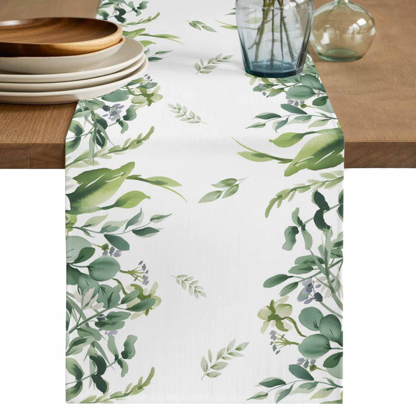 Eucalyptus Leaves Table Runner 60 Inches, Rustic Green Plants Botanical ...