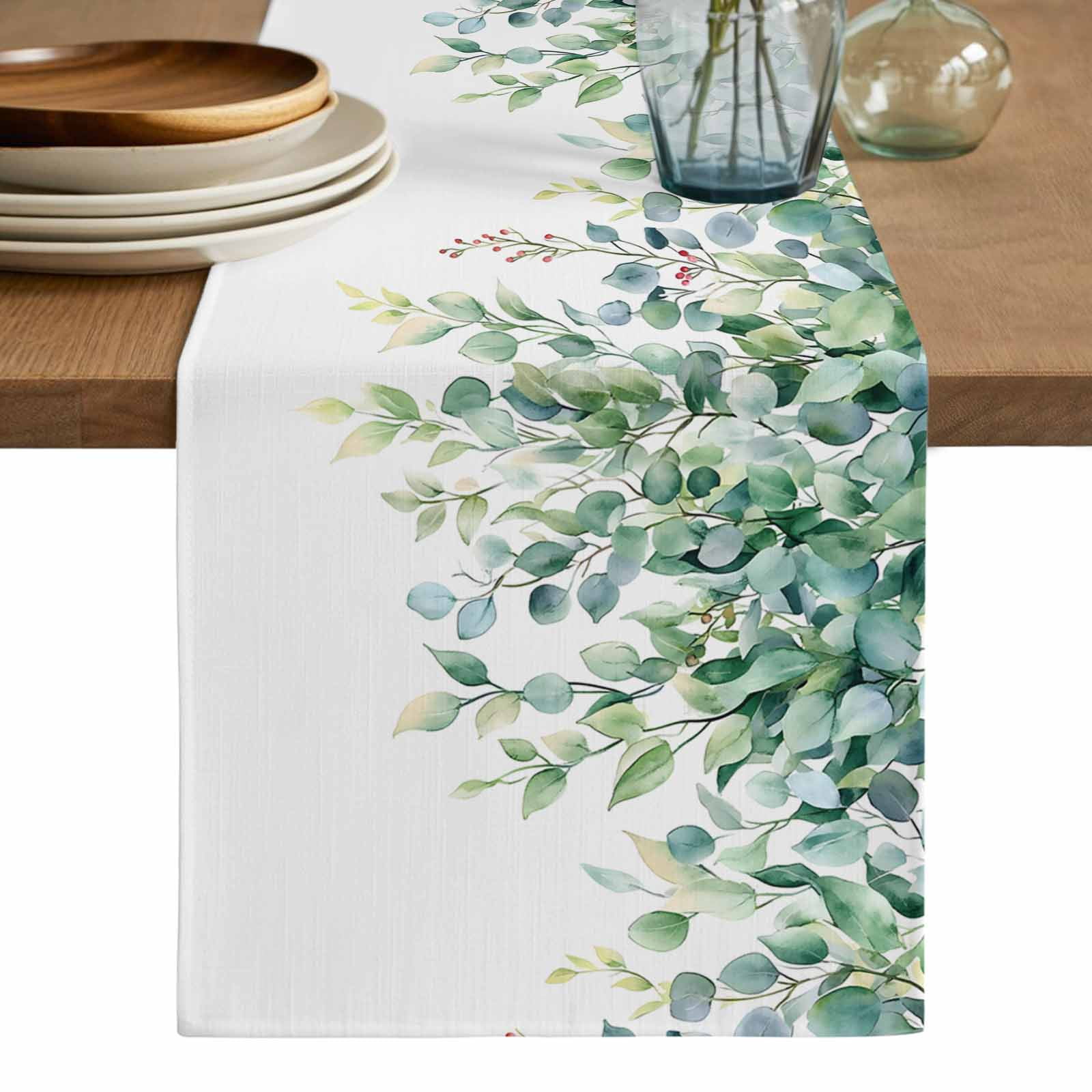 Eucalyptus Leaves Table Runner, Green Botanical Summer Spring Washable ...
