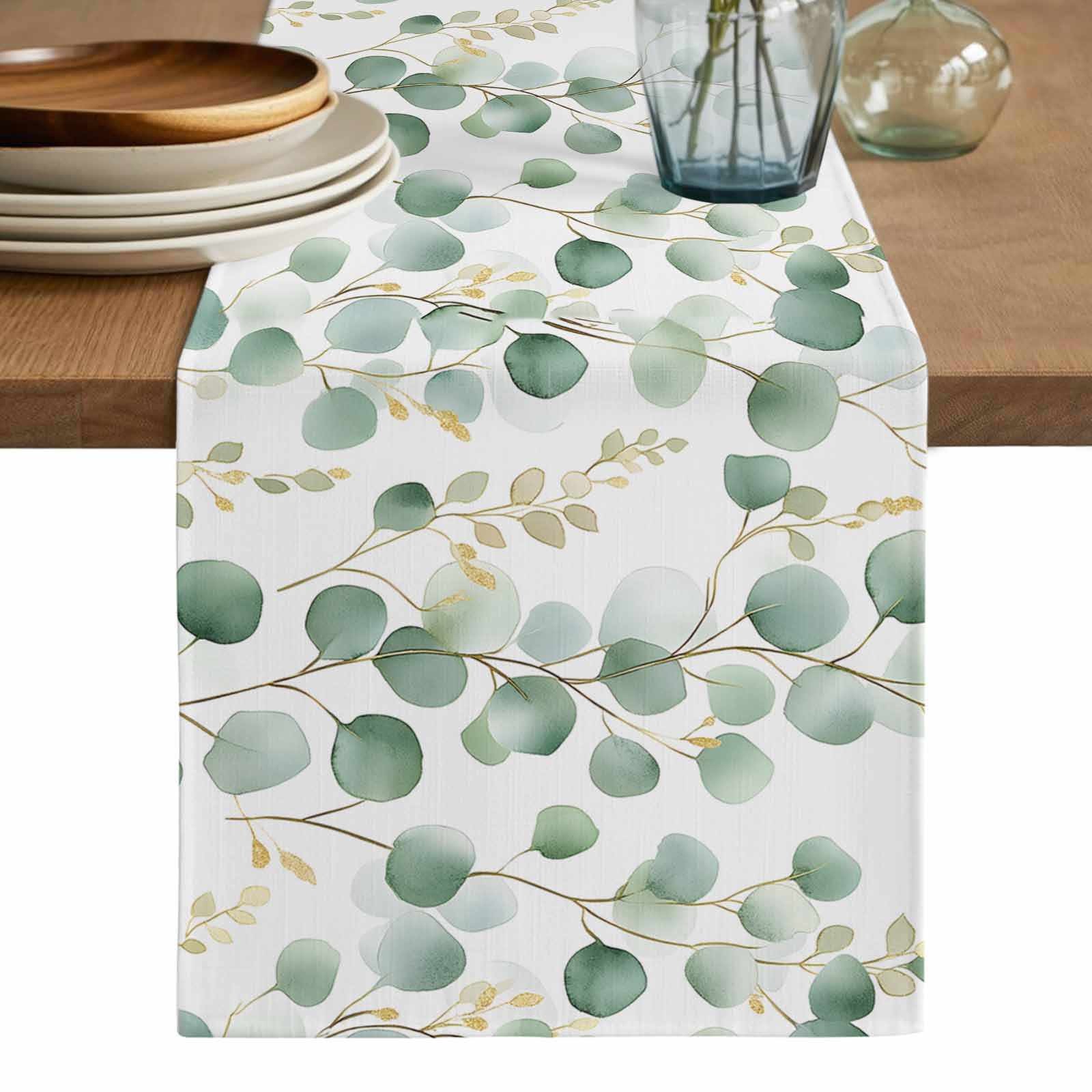 Eucalyptus Leaves Table Runner, Green Gold Spring Botanical Branch ...