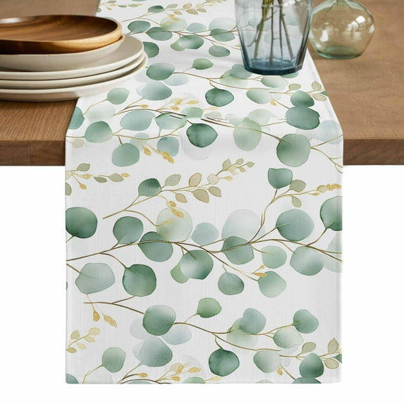 Eucalyptus Leaves Table Runner, Green Gold Spring Botanical Branch ...