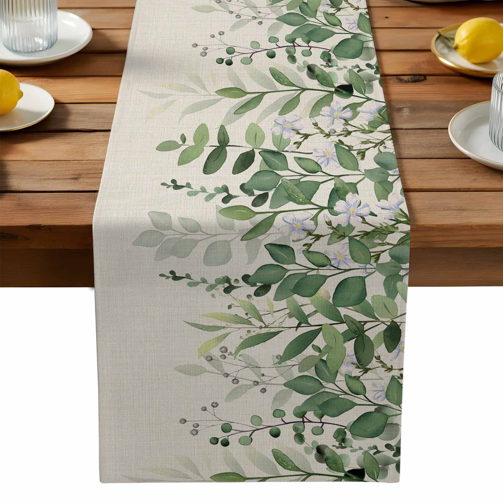 Eucalyptus Leaves Table Runner, Green Leaves Idyllic Wind Farmhouses ...