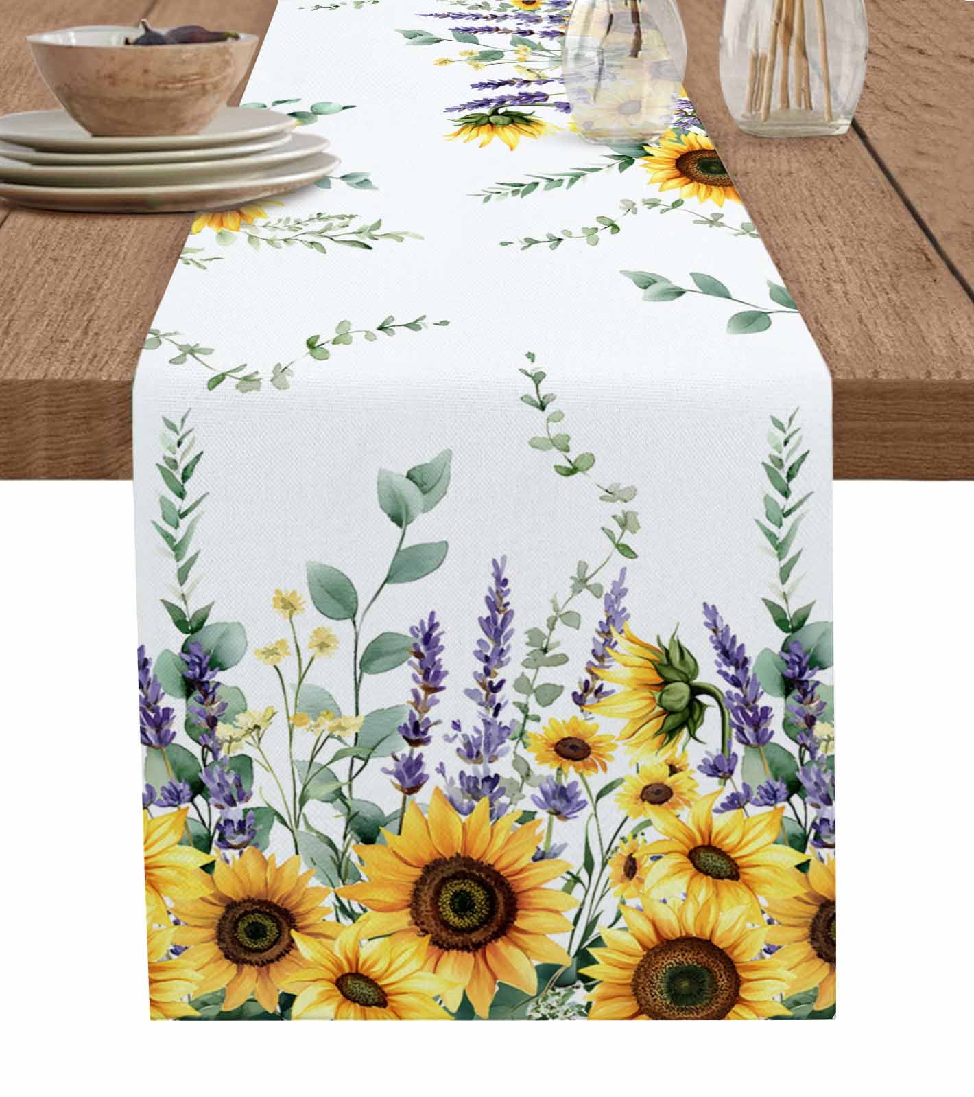 Eucalyptus Leaves Table Runner Yellow Sunflower Lavender Farmhouse ...