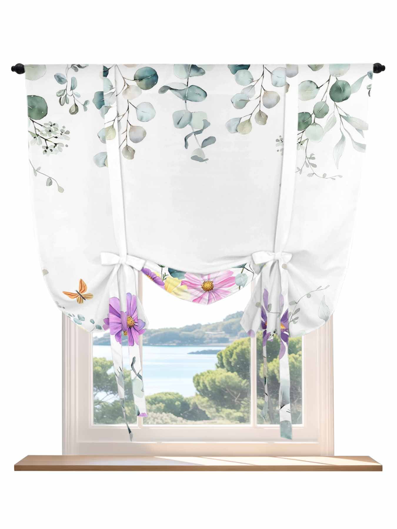 Eucalyptus Leaves Tie Up Curtains for Windows 45 Inch Length Balloon Curtains Kitchen Adjustable ...
