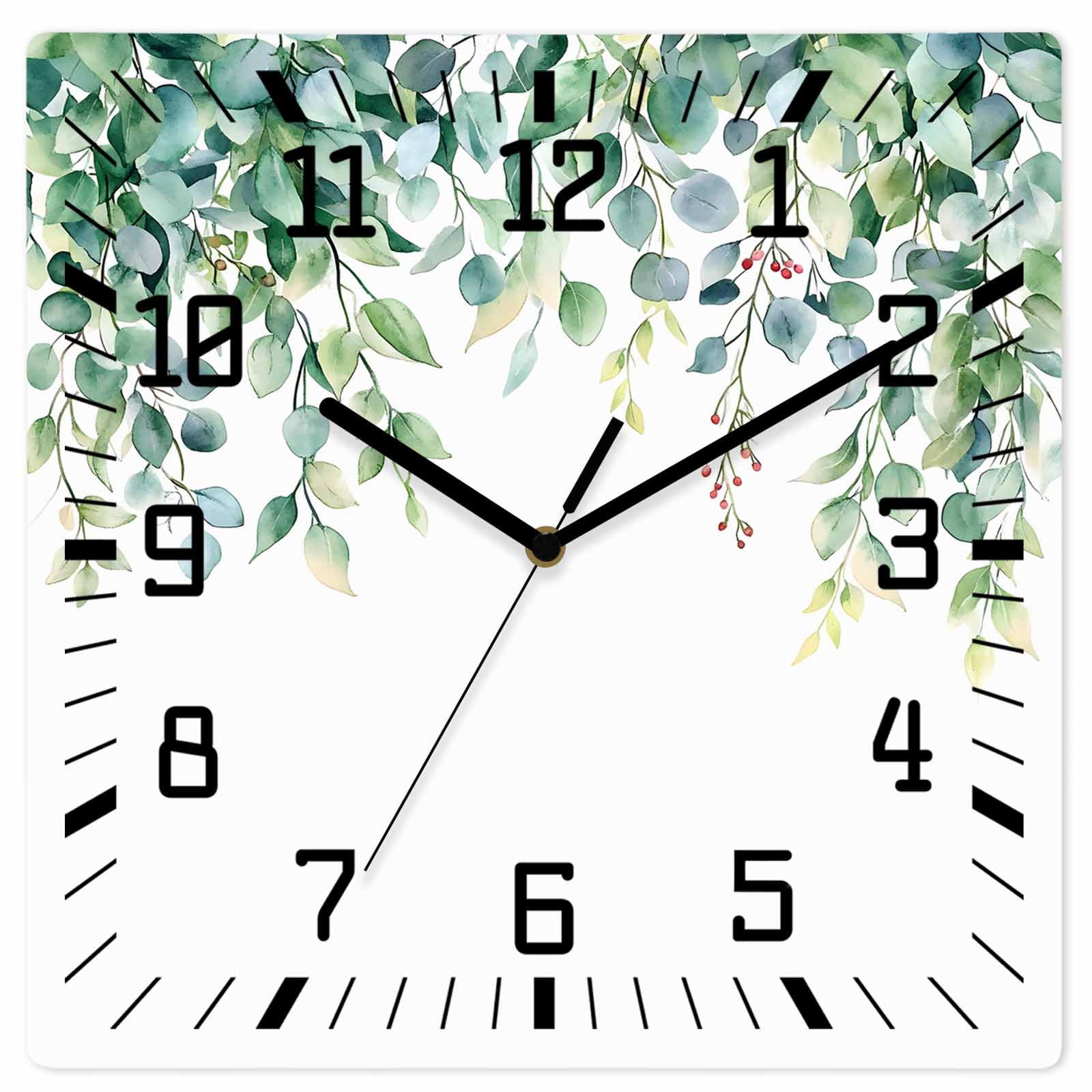 Eucalyptus Leaves Wooden Wall Clock Silent Non Ticking, Green Botanical ...