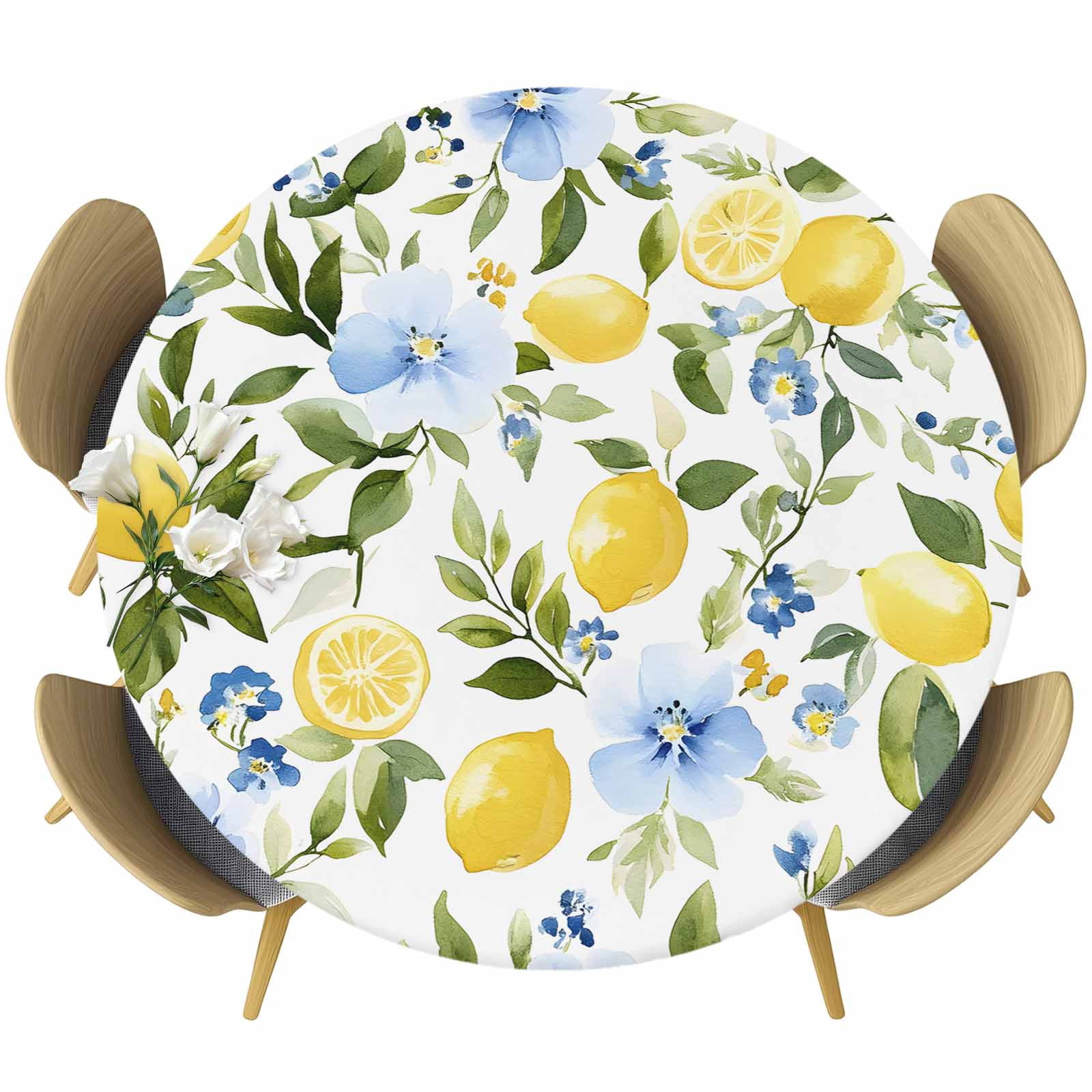 Eucalyptus Lemon Round Tablecloth, Fitted Table Cover with Elastic for ...
