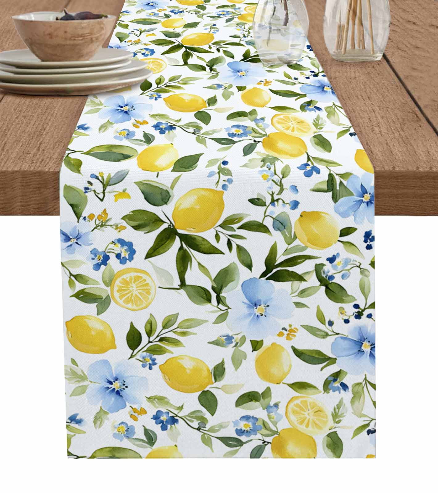 Eucalyptus Lemon Table Runner 72 Inches, Sage Green Leaf Blue Flower ...