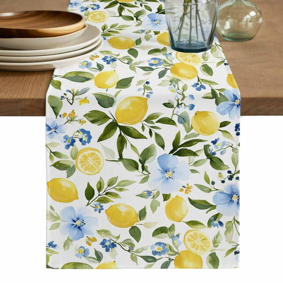 Eucalyptus Lemon Table Runner, Sage Green Leaf Blue Flower Fruit ...