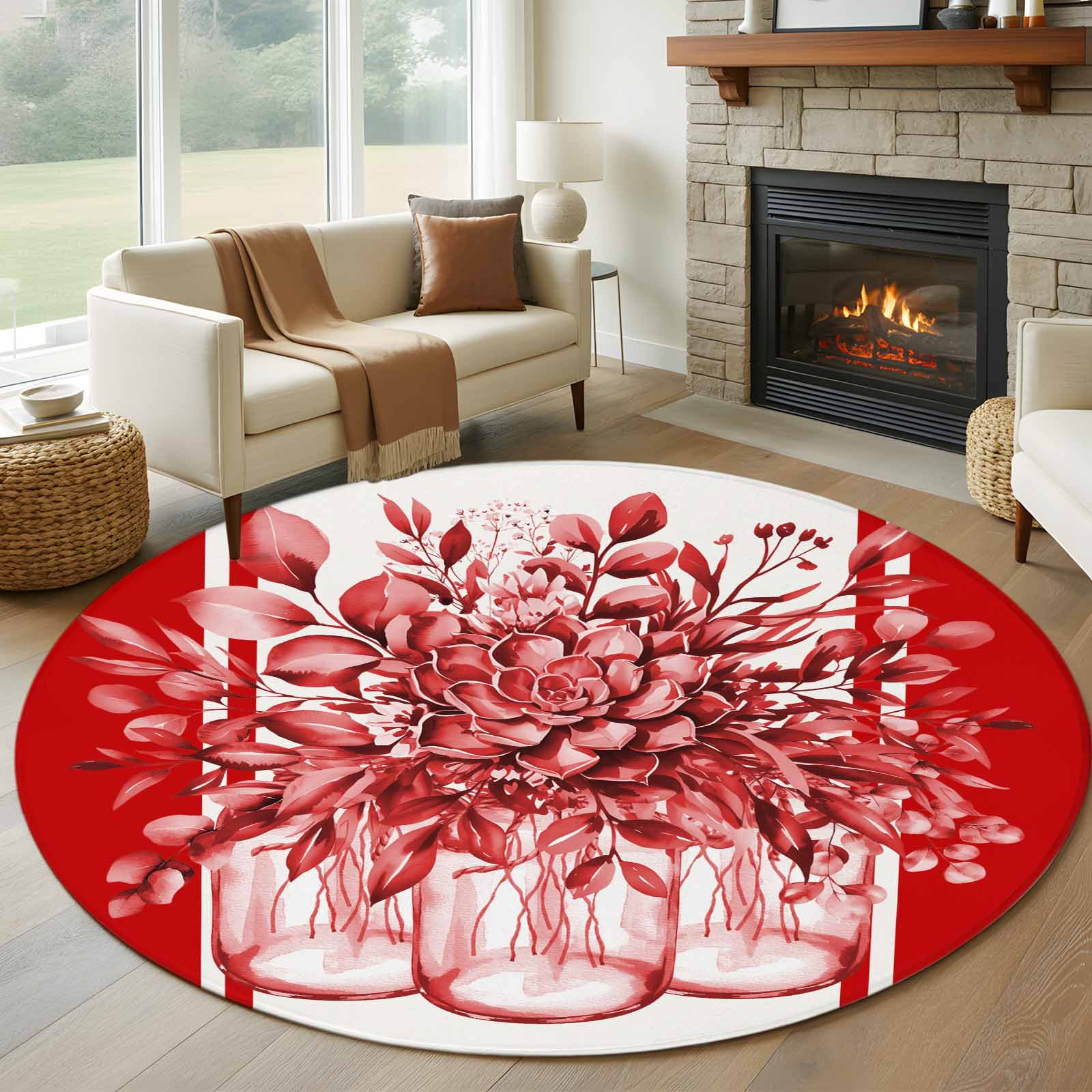 Eucalyptus Red Round Rug 5ft Washable Circle Kitchen Rugs Non Slip ...