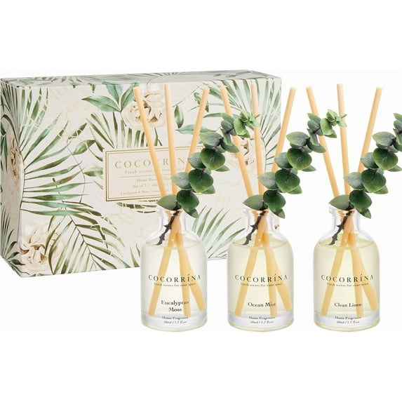 Eucalyptus Reed Diffuser Set of 3 - Eucalyptus & Moss, Clean Linen, Ocean Mist Scents, 1.7 fl oz ...