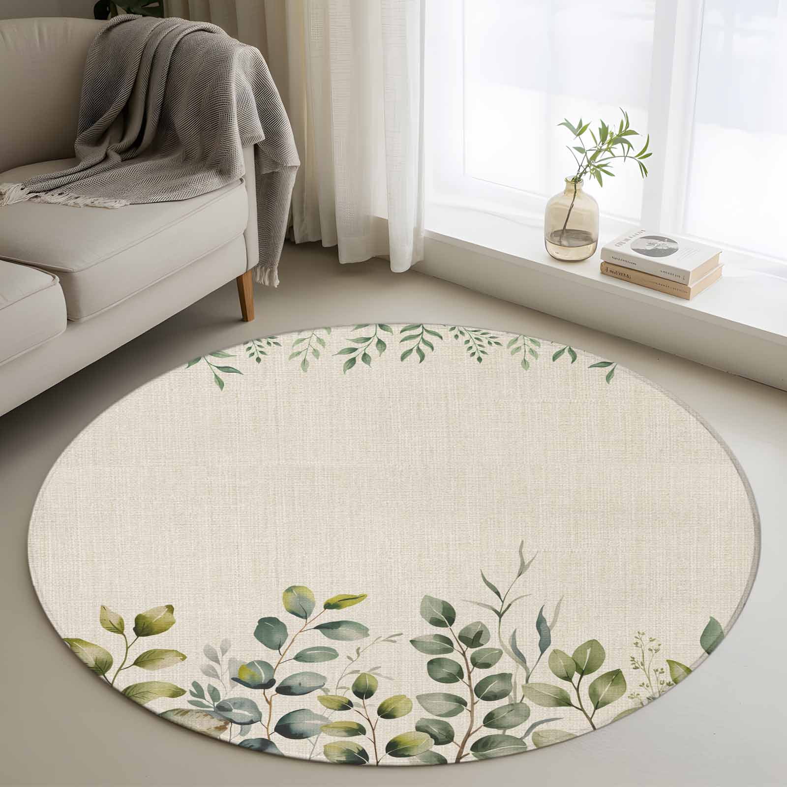 Eucalyptus Round Area Rug 4ft, Sage Green Farmhouse Leaf Pastoral Plant ...