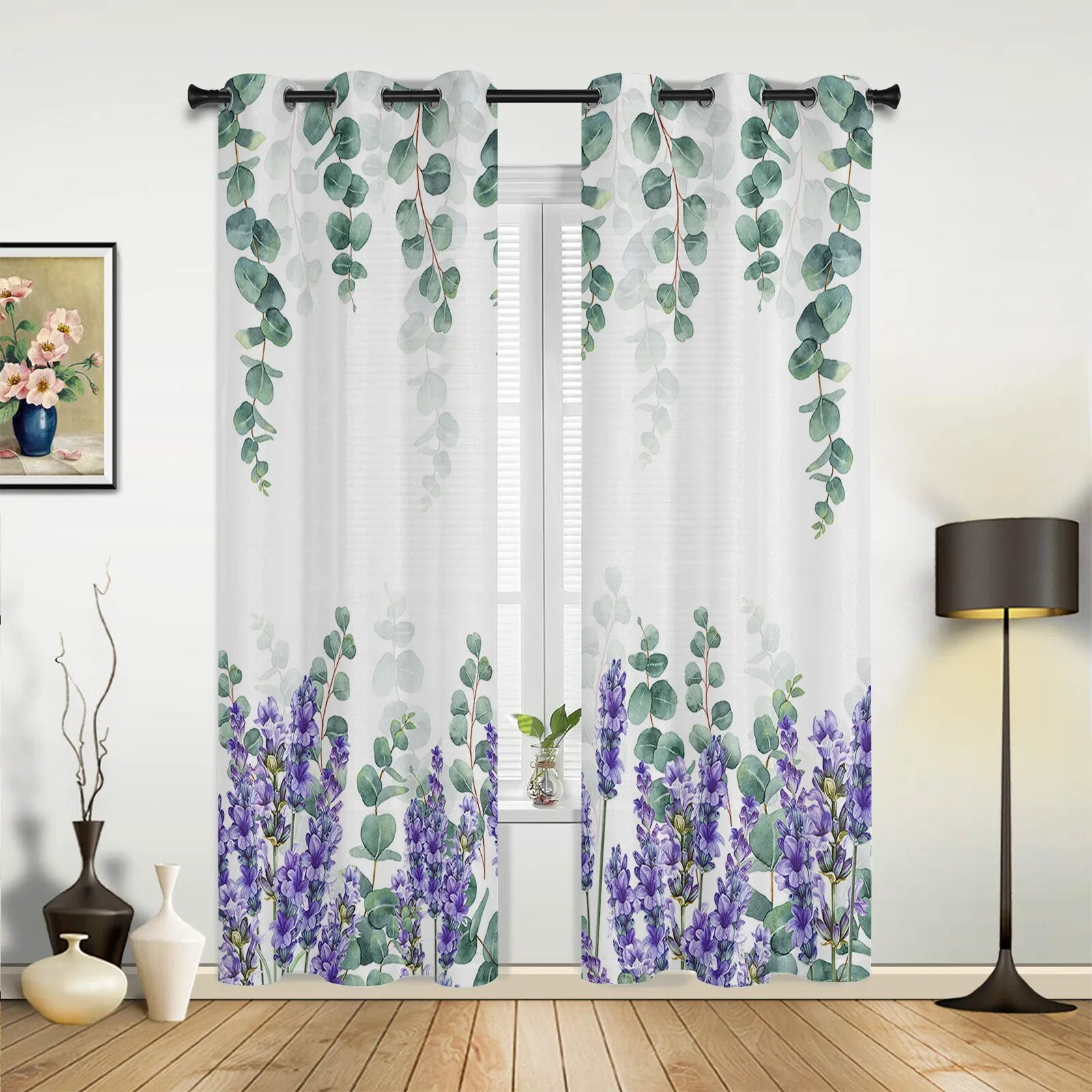 Eucalyptus Rustic Leaves Flower Lavender Luxury Window Curtain Printed ...