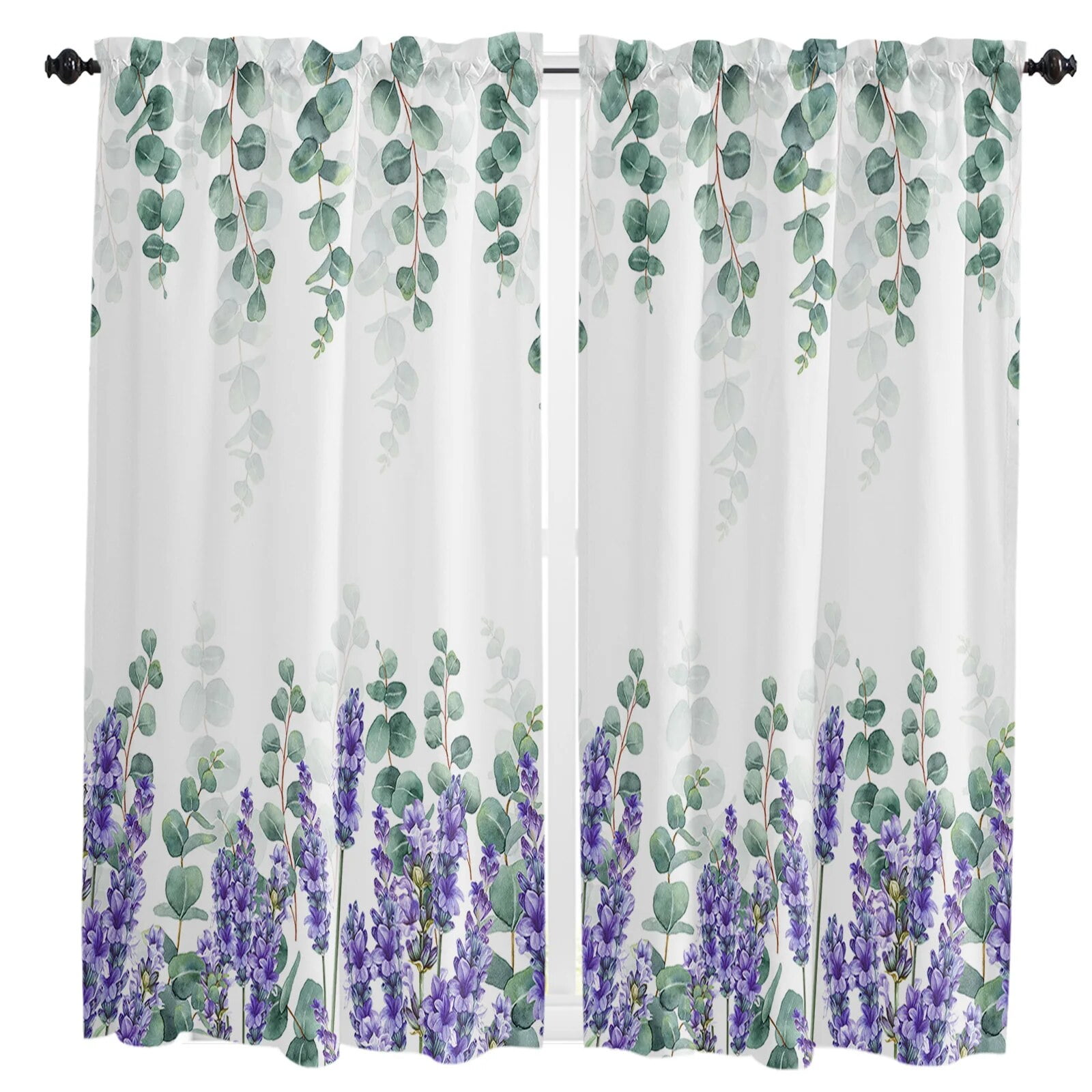 Eucalyptus Rustic Leaves Flower Lavender Rod Pocket Short Curtain Half ...
