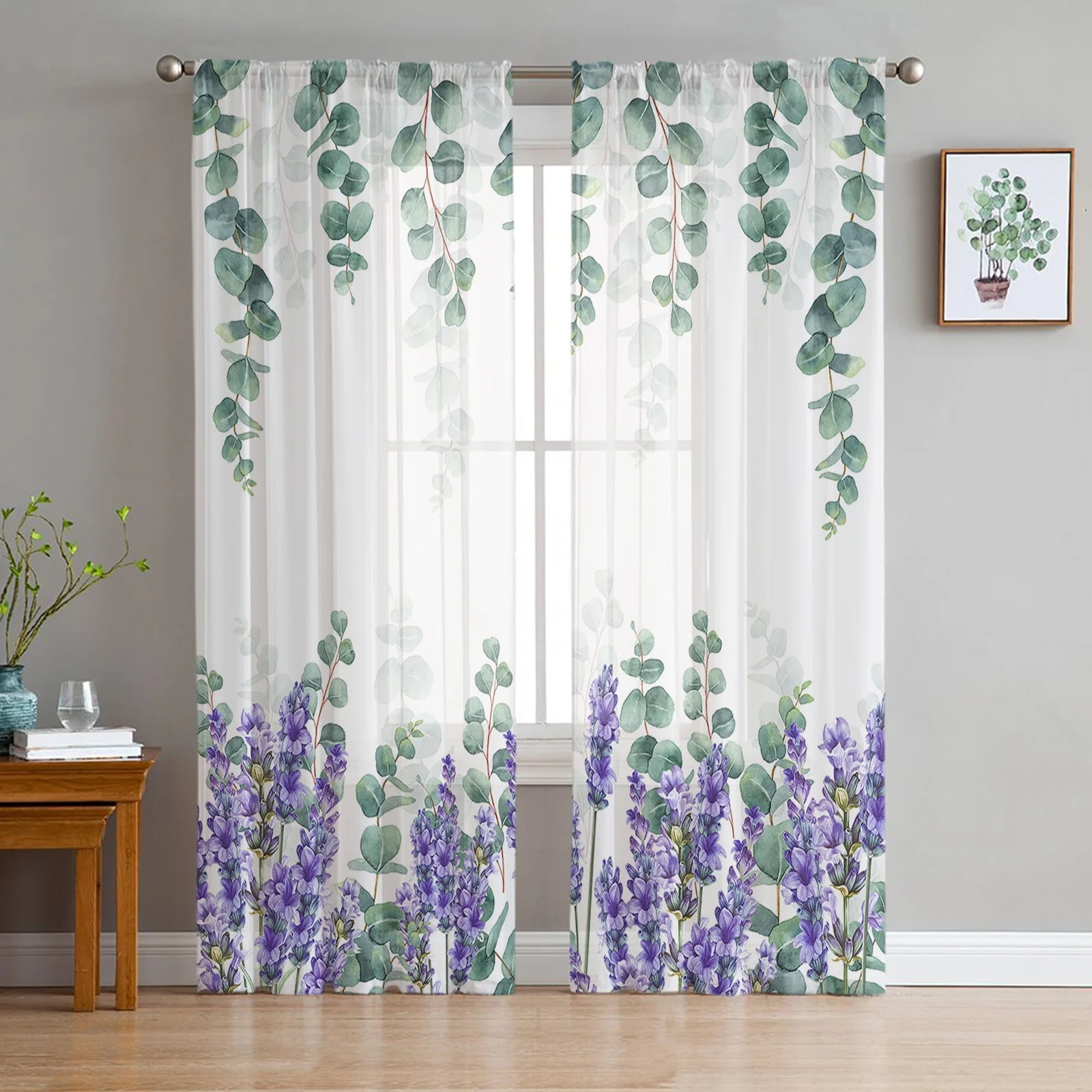 Eucalyptus Rustic Leaves Flower Lavender Tulle Voile Curtains Bedroom ...