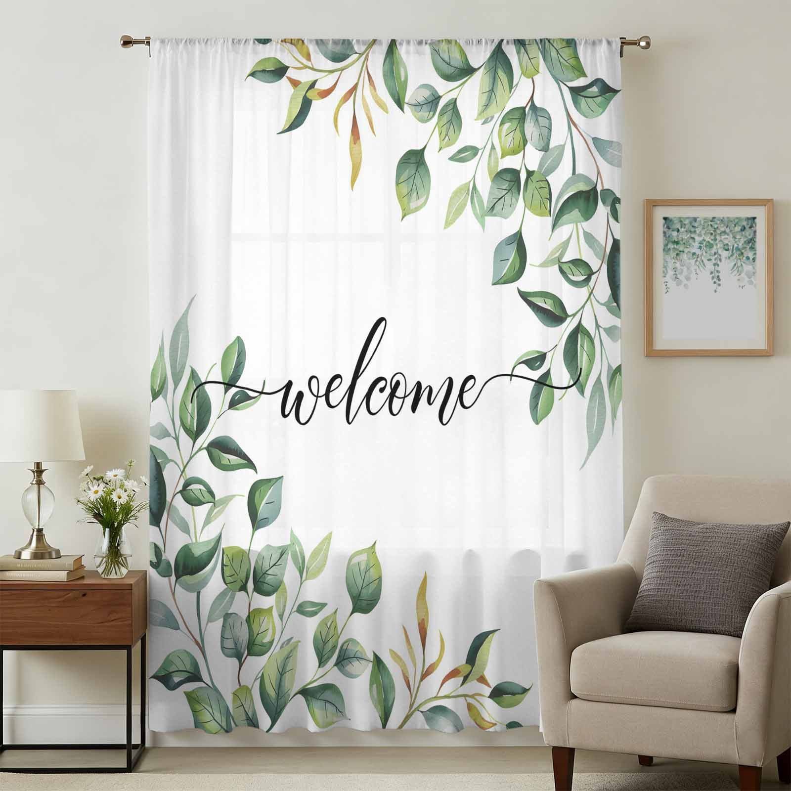 Eucalyptus Sheer Curtains 108" Extra Long, Sage Green Vines Branch ...