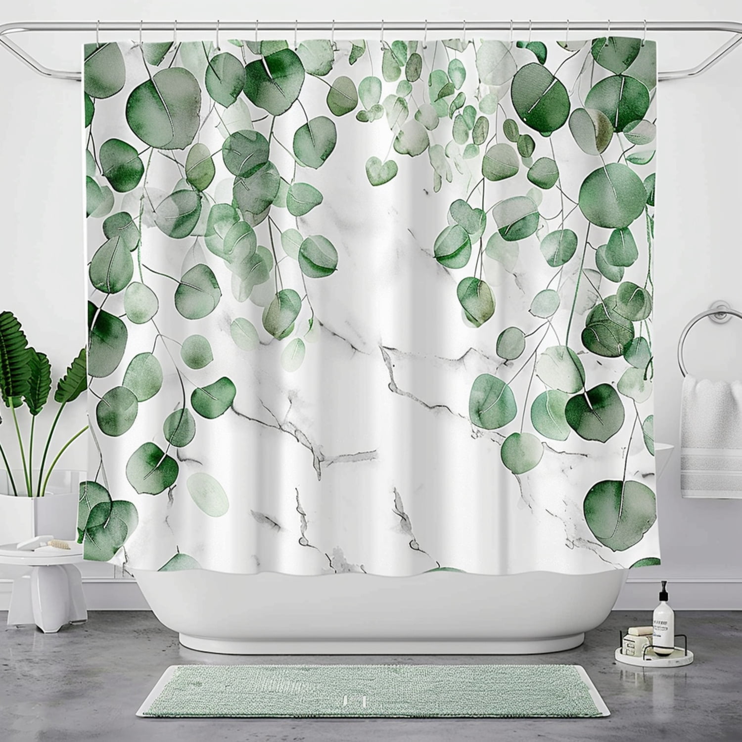 Eucalyptus Shower Curtain with White Marble Background and Green Leaf ...