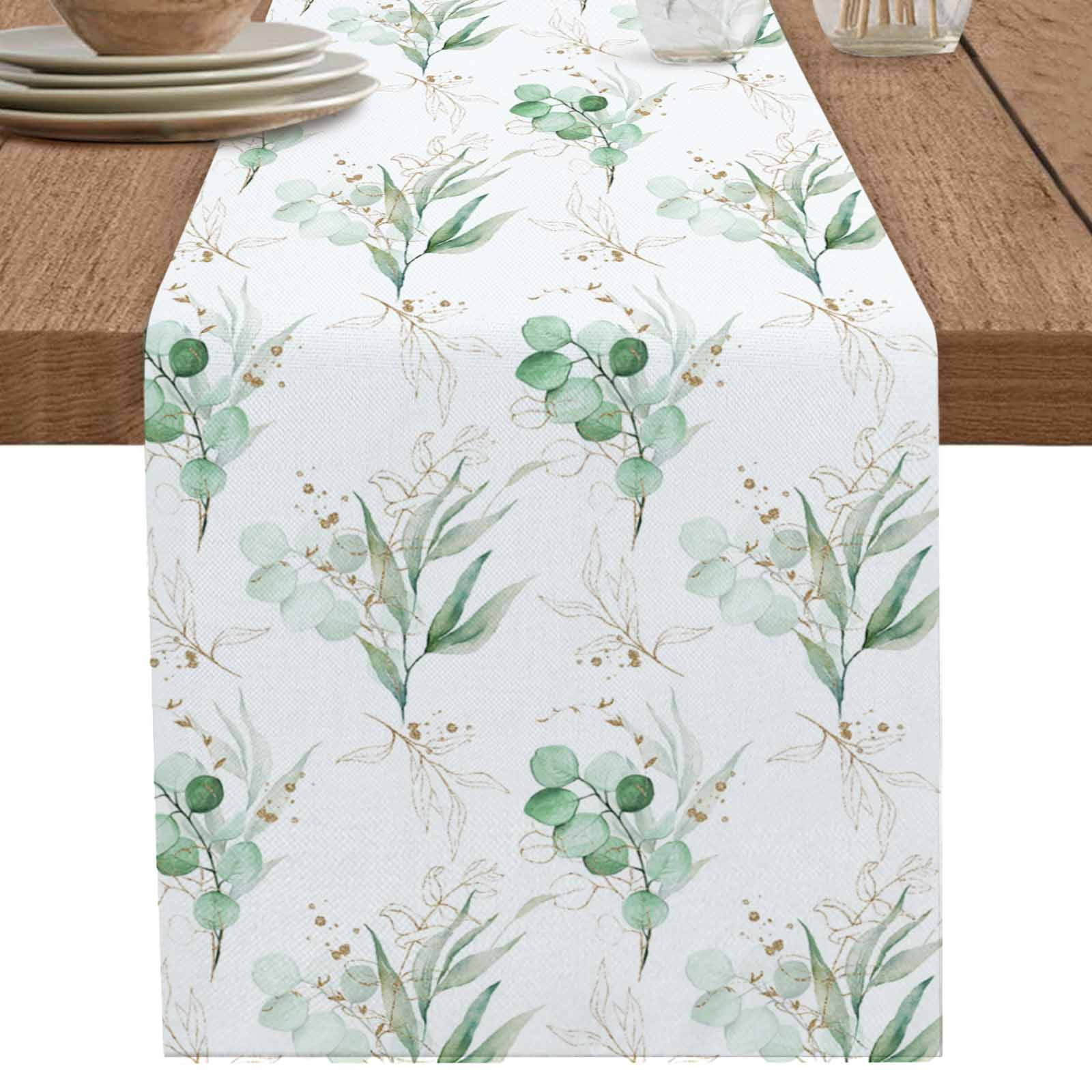 Eucalyptus Table Runner 120 Inches Long for Dining Table Decor,Sage Green Leaves Gold White ...