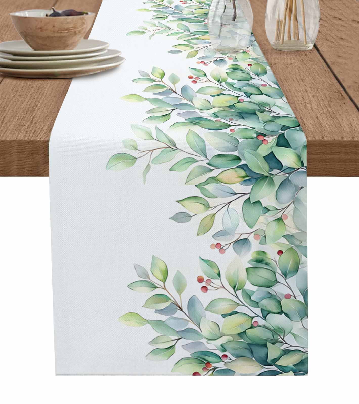 Eucalyptus Table Runner 48 Inches, Spring Plant Watercolor Fruit Green White Bed Runner Dresser ...