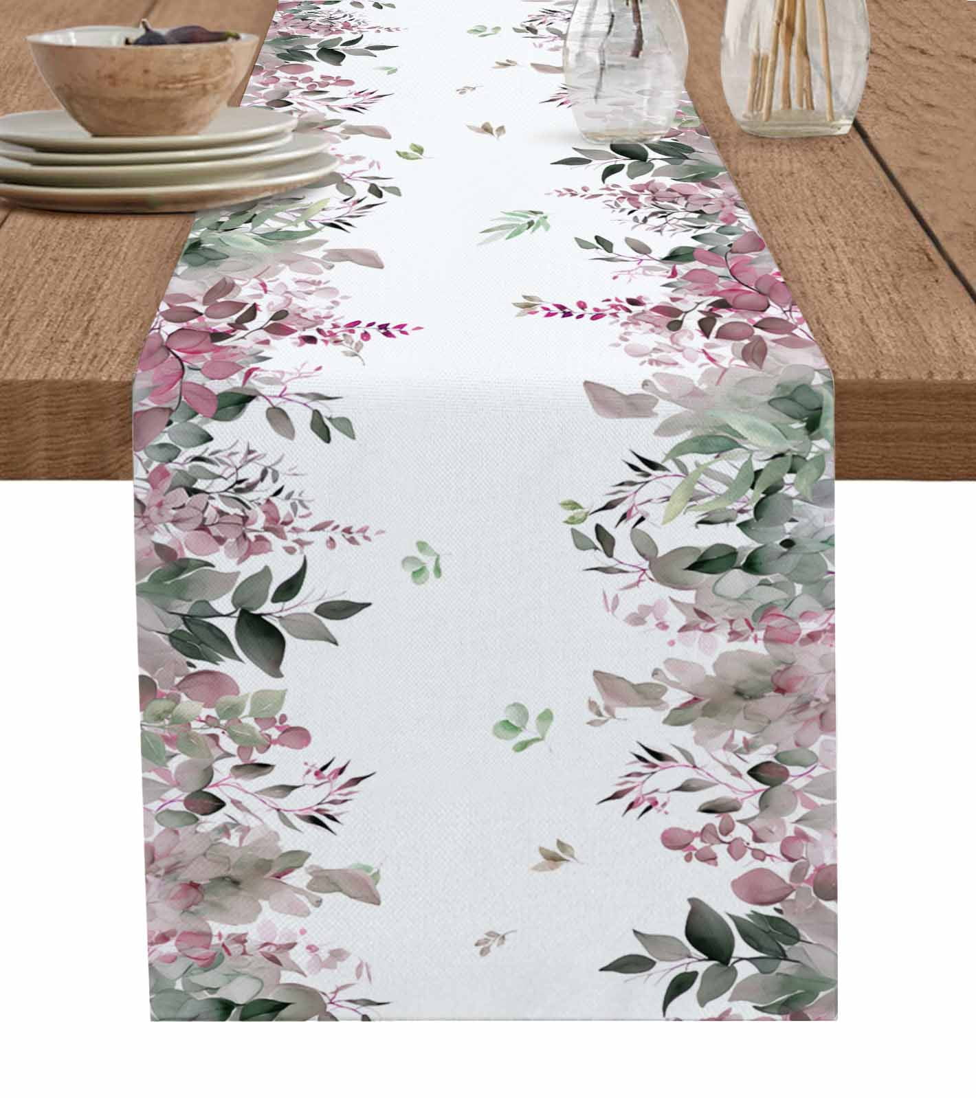 Eucalyptus, Table Runner Red Green Plant Leaves Simple White Tablerunners 13 x 60 Inch, Table ...