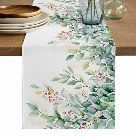 Eucalyptus Table Runner, Retro Green Spring Botanical Leaf Red Fruit ...