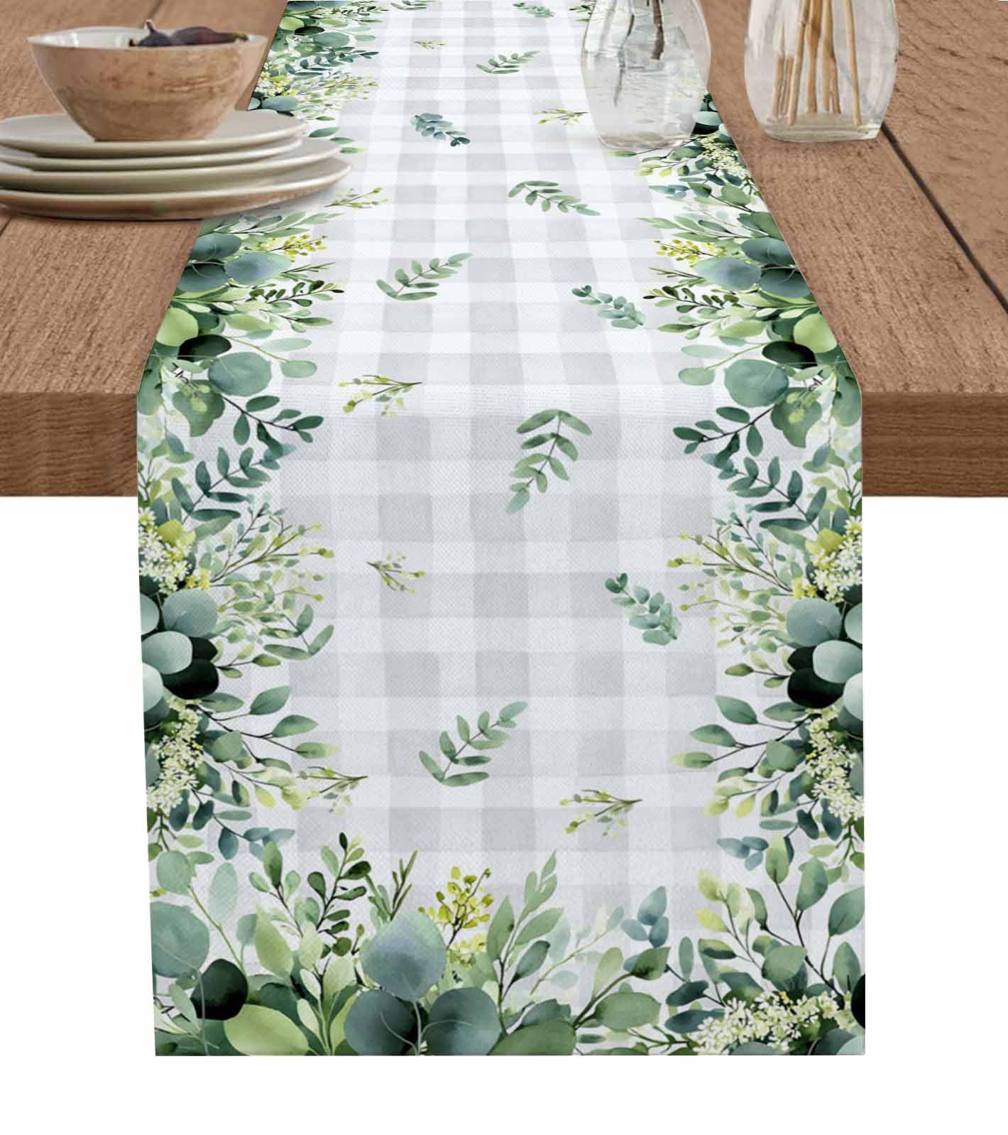 Eucalyptus Table Runner Sage Green Farm Plant Gray Buffalo Plaid ...