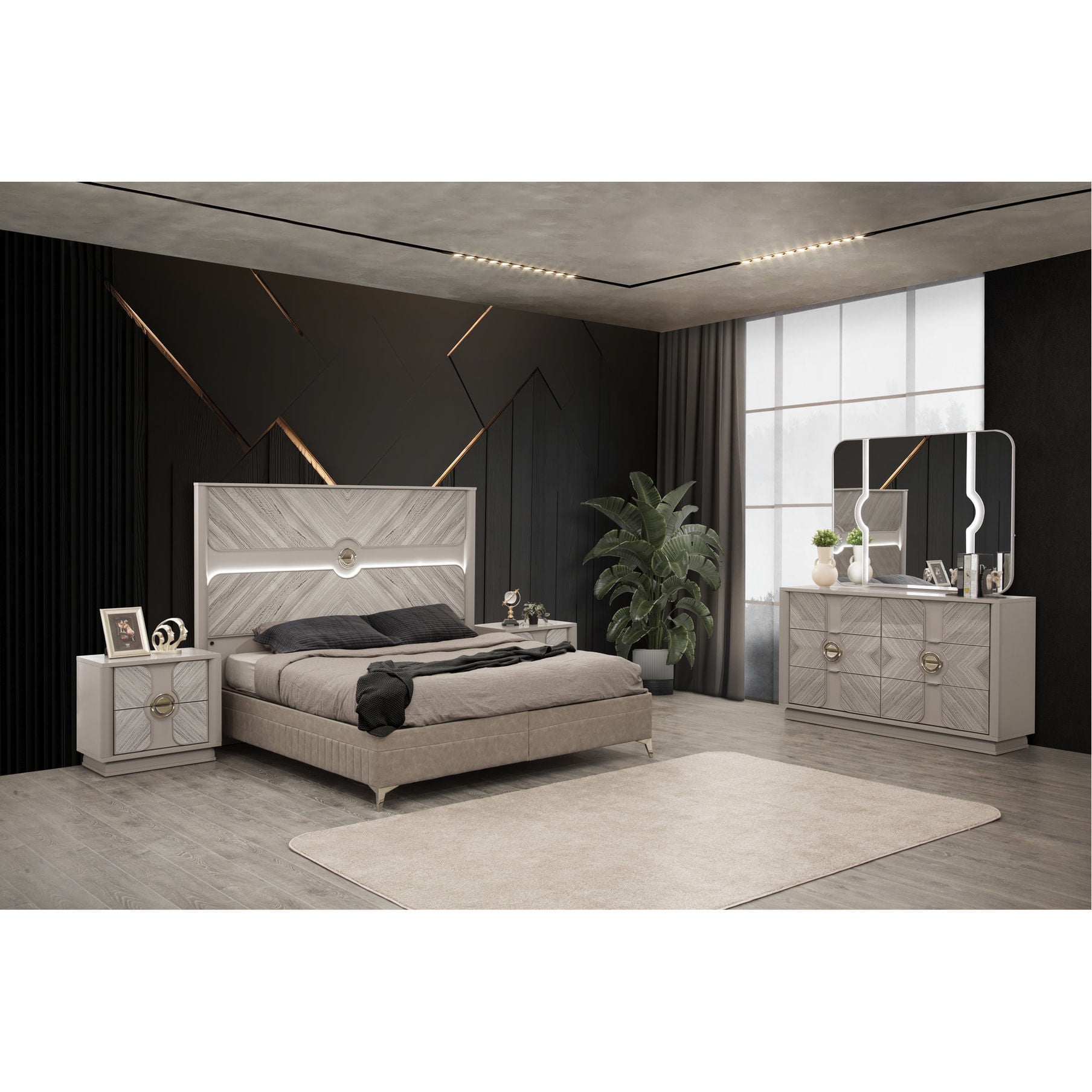 Eucalyptus-Veneer and Chrome Accented 4 Pc Queen Bedroom Set - Combine ...