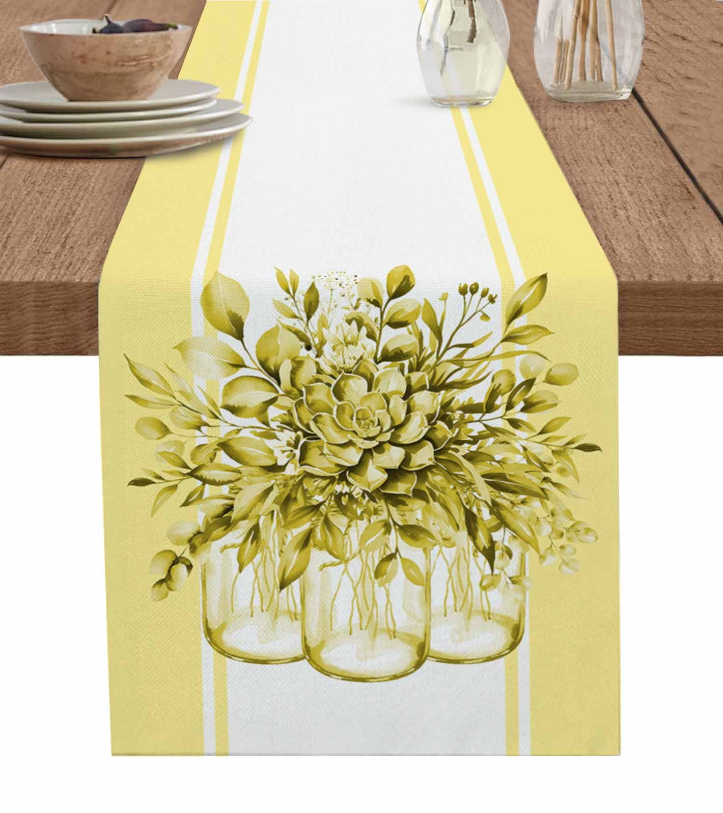 Eucalyptus Yellow Table Runner 72 Inches, Stripes Bottle Flower Cactus ...